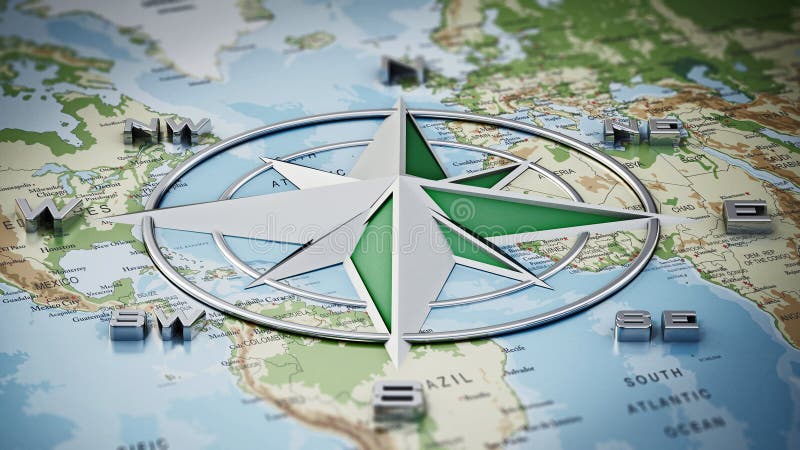 Vintage Compass Symbol Showing the Directions on the World Map. 3D ...