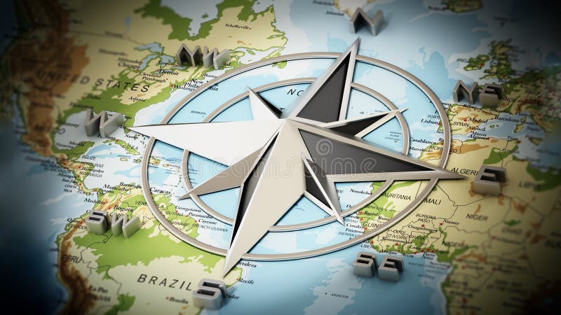 Vintage Compass Symbol Showing the Directions on the World Map. 3D ...