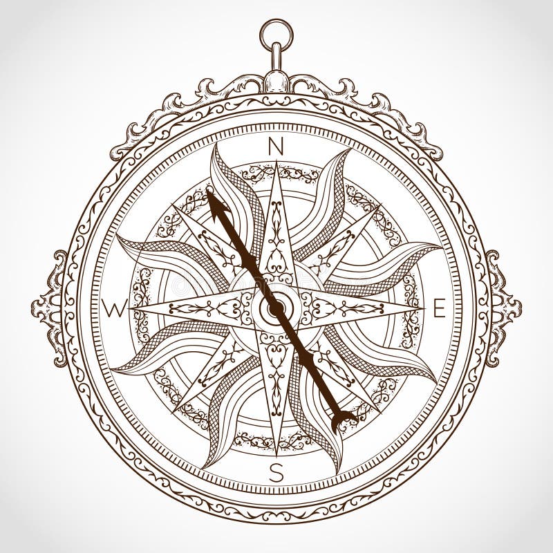 Vintage Compass on White Background. Element in Line Art Style Stock ...