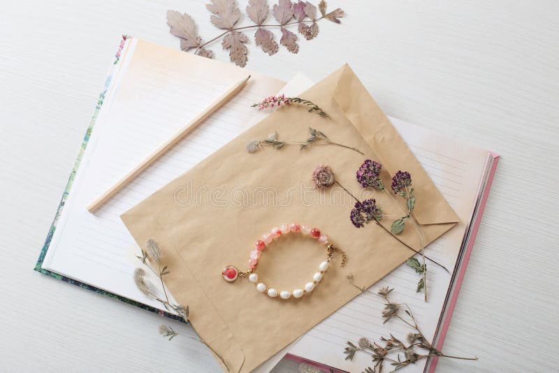 Vintage Composition of Dried Plants and Old Sheets of Paper Stock Photo ...