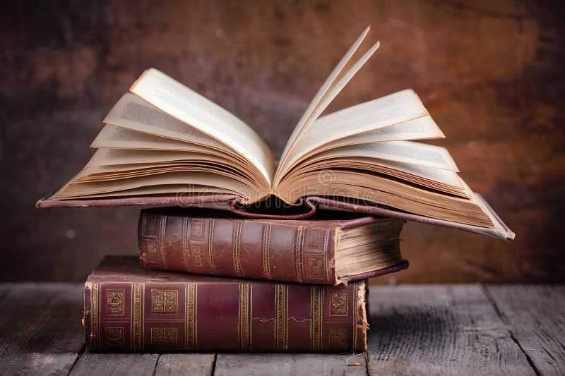 Vintage Composition with Open Old Book on Stack of Worn Leather Bound ...