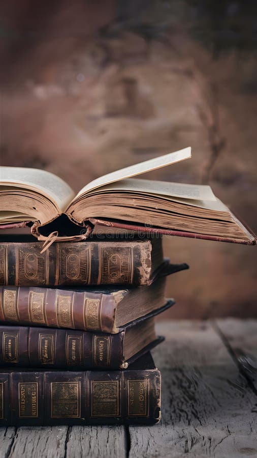 Vintage Composition with Open Old Book on Stack of Worn Leather Bound ...