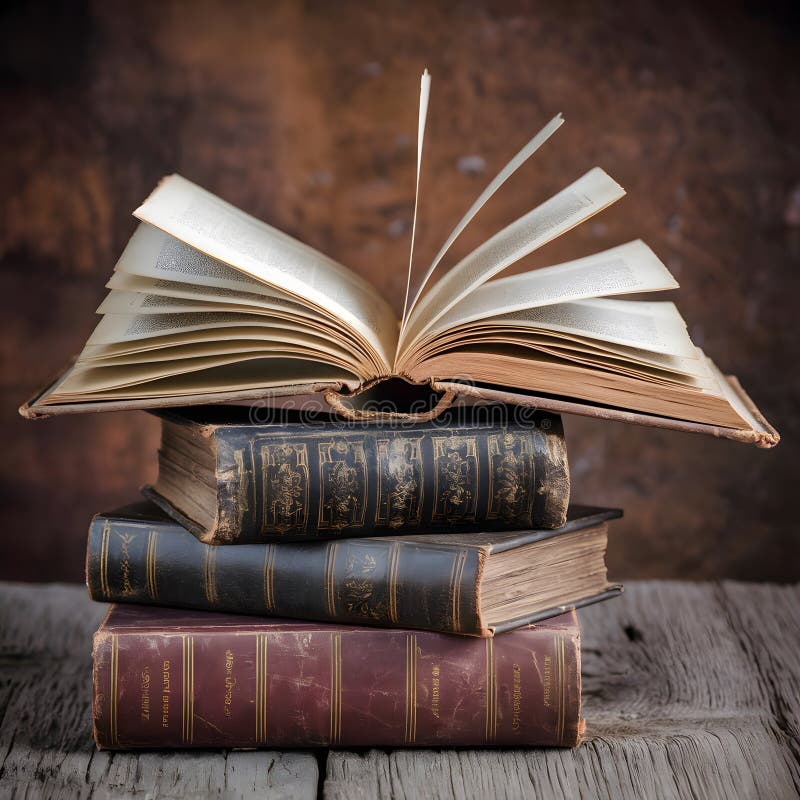 Vintage Composition with Open Old Book on Stack of Worn Leather Bound ...