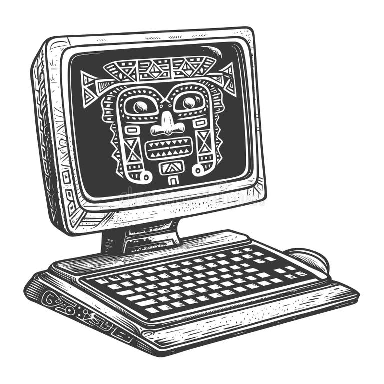 Vintage Computer with Tribal Mask on Screen Stock Vector - Illustration ...