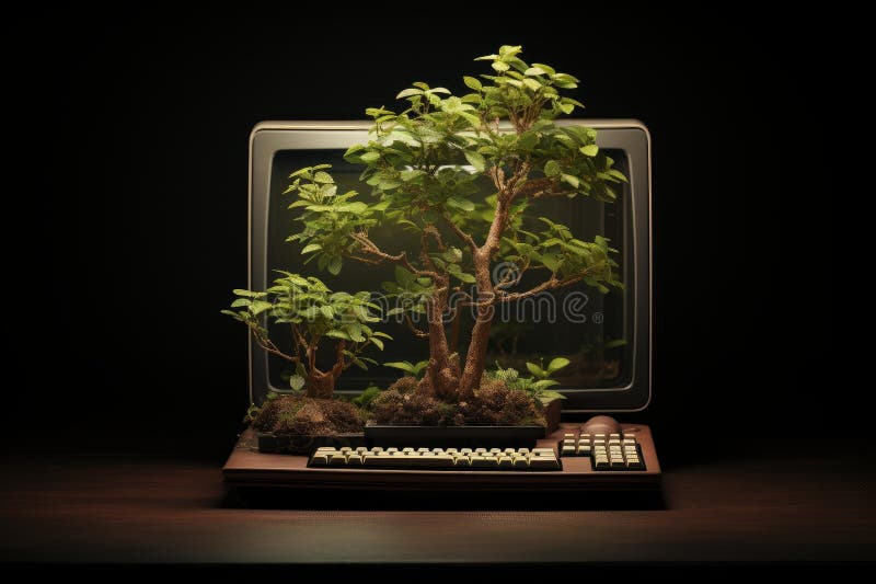 Vintage Computer Bonsai Garden Concept Stock Image - Image of ...