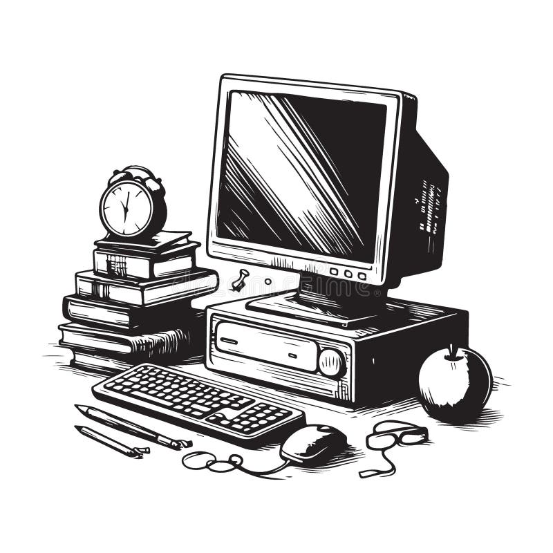 Vintage Computer Desk Illustration Retro Technology Workspace Study ...
