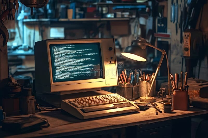 Vintage Computer Displaying Code in Workshop Setting Stock Image ...