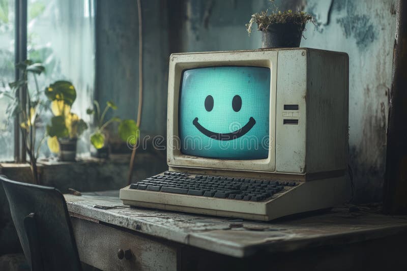 ?Vintage Computer Displaying a Smiley Face Sits on a Desk in a Derelict ...