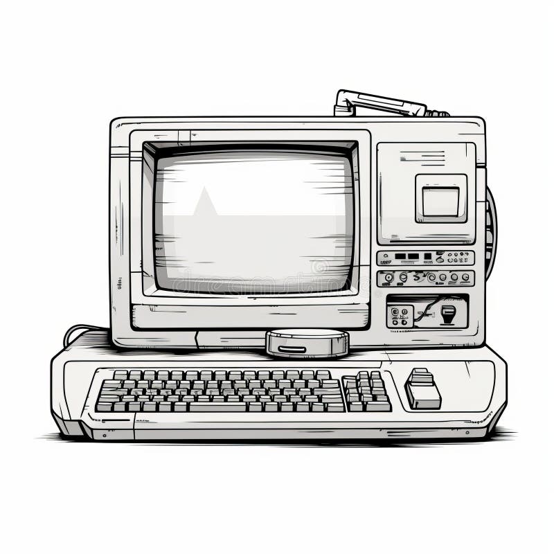Vintage Computer Vector Illustration with Simple Line Art Stock ...