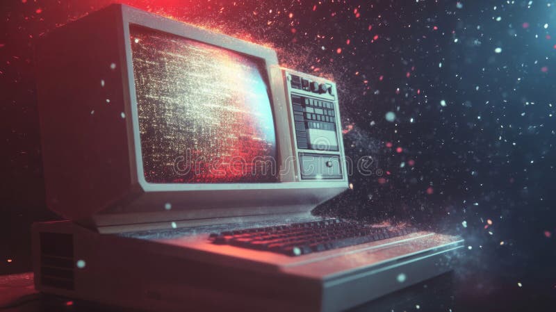Vintage Computer with Glitching Screen and Sparks Stock Illustration ...