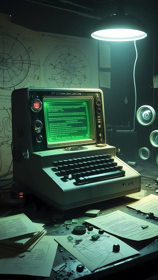 Retro Futuristic Hacker Workspace – Vintage Computer & Green Neon Tech Vibes Stock Illustration ...