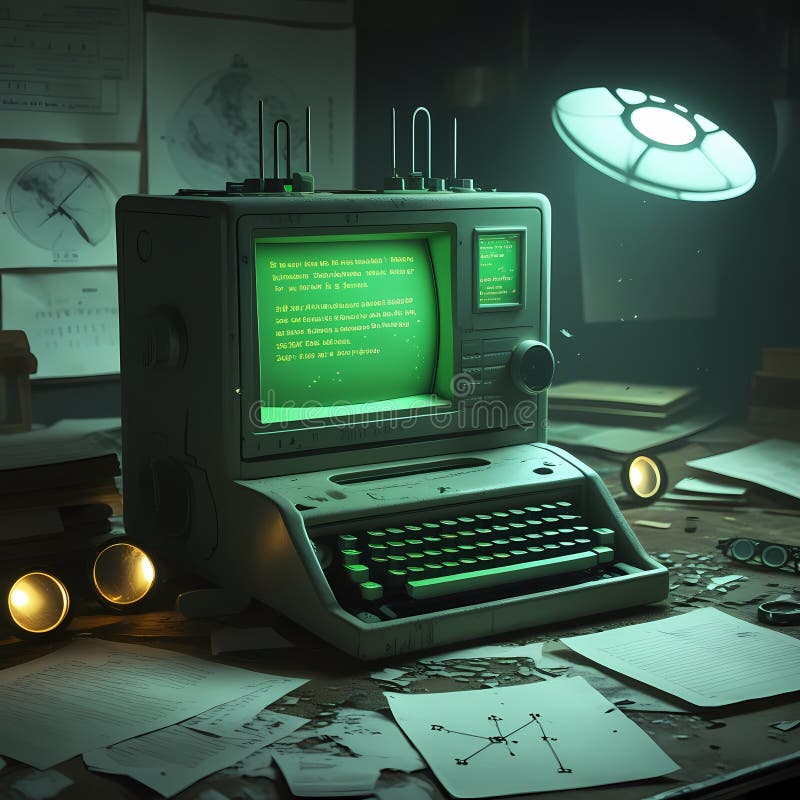 Retro Futuristic Hacker Workspace – Vintage Computer & Green Neon Tech ...