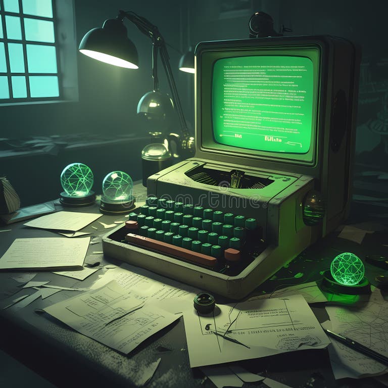 Retro Futuristic Hacker Workspace – Vintage Computer & Green Neon Tech ...