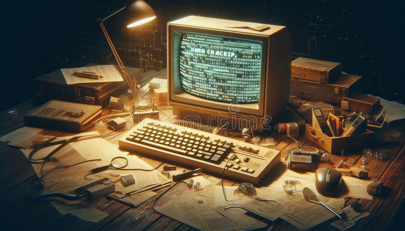 Vintage Computer with Green Screen and Disorganized Desk Stock ...