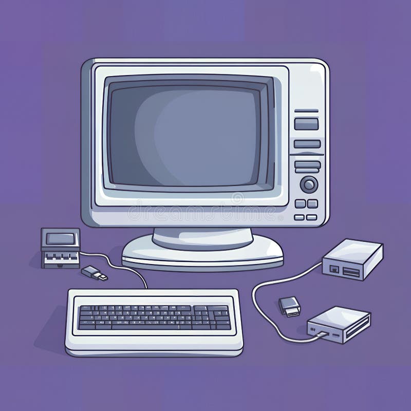 Vintage Computer Illustration with Monitor Keyboard and Peripherals ...