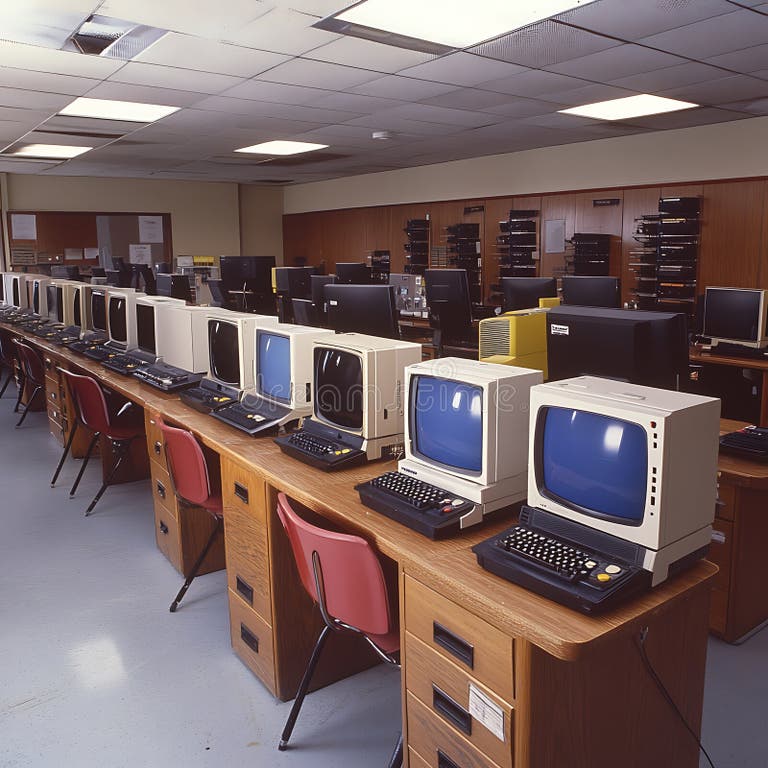 Vintage Computer Lab with CRT Monitors and Wooden Desks Stock Illustration - Illustration of ...