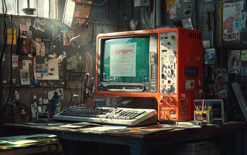 Vintage Computer with a Retro Aesthetic in a Messy Workspace Stock ...