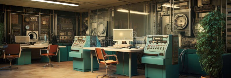 Vintage Computer Room with Mainframe Machines and Punch Card Readers ...