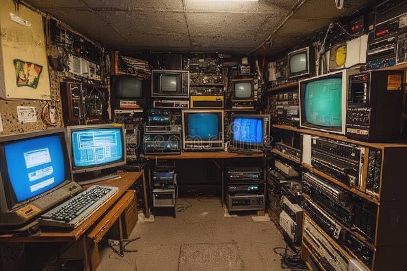 Vintage Computer Room with Old Electronics and Monitors Stock Illustration - Illustration of ...