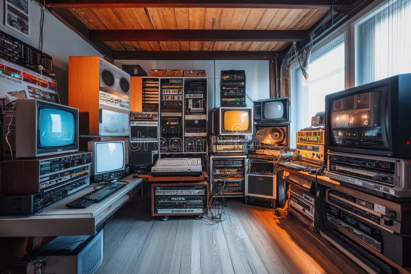 Vintage Computer Room with Old Electronics and Monitors Stock Illustration - Illustration of ...