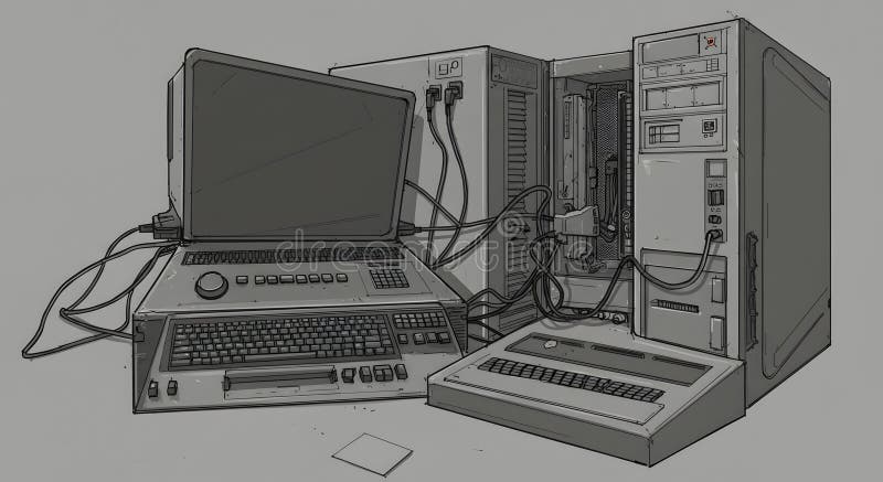 Vintage Computer Setup with Cables and Open Tower Stock Illustration ...