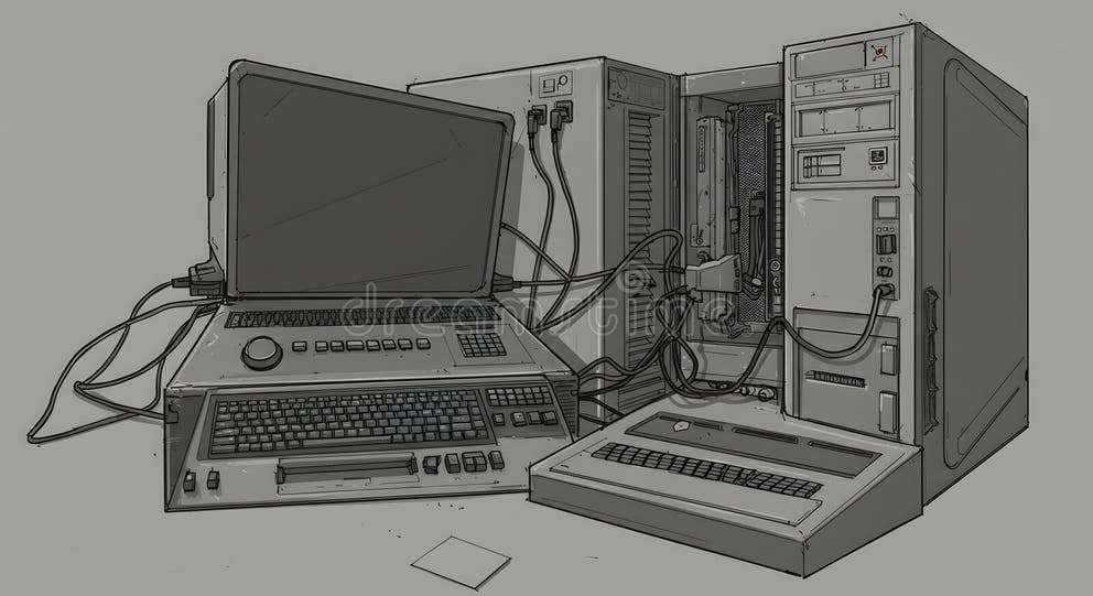 Vintage Computer Setup with Cables and Open Tower Stock Illustration ...