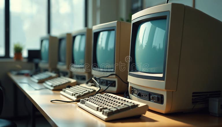 Vintage Computer Setup Featuring CRT Monitors and Classic Keyboards in ...