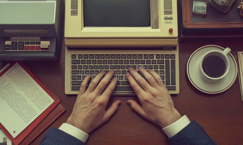 Vintage Computer Setup with Hands Typing on Keyboard and Coffee Cup on ...