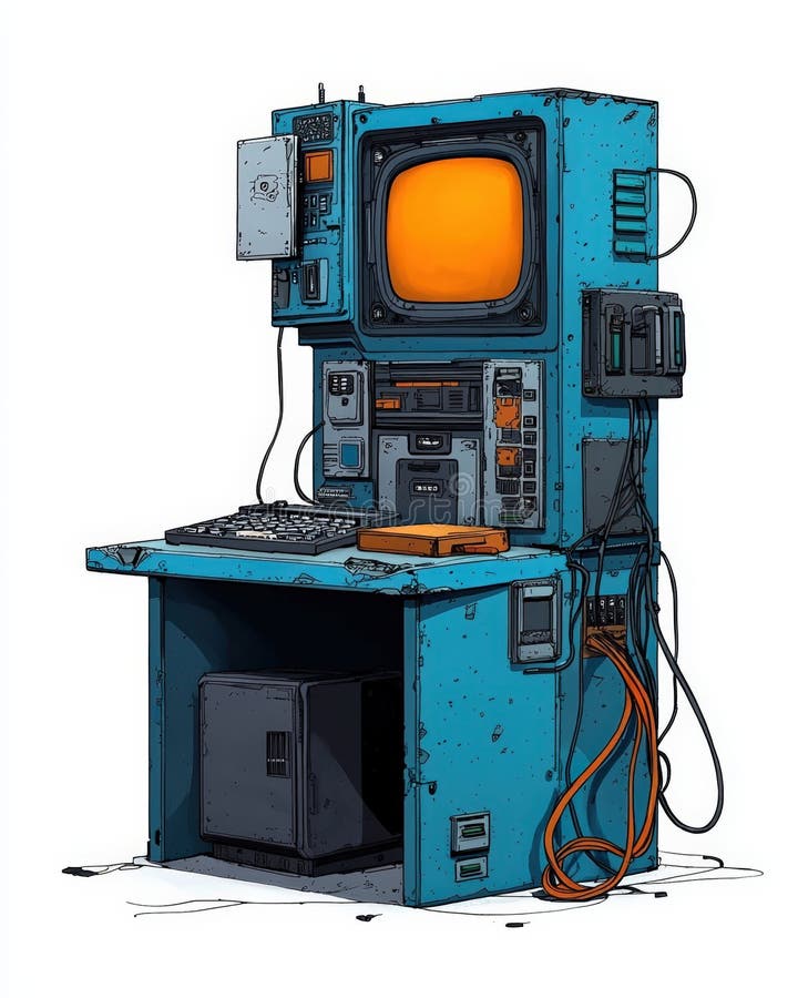 Vintage Computer Setup with Orange Screen Stock Illustration ...
