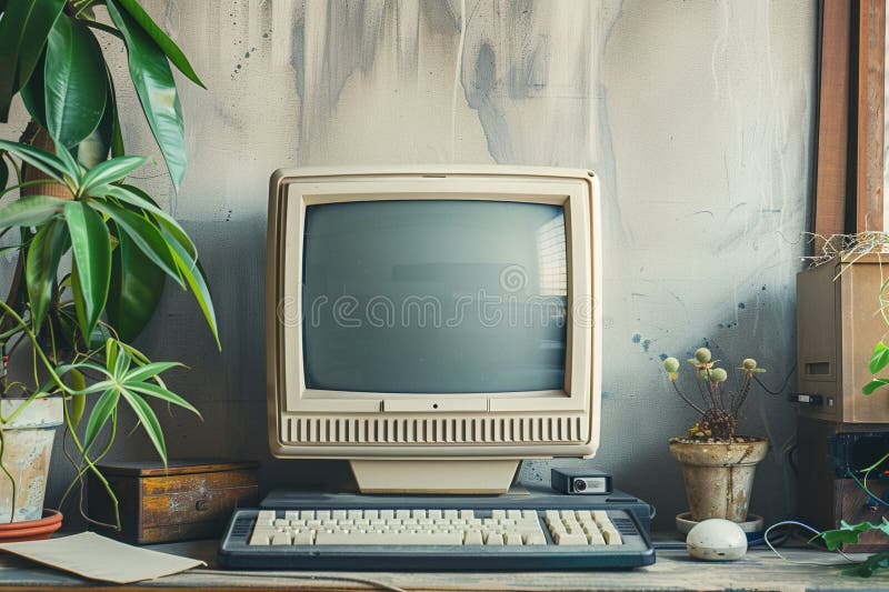 Vintage Computer Setup in a Rustic Interior Stock Illustration ...