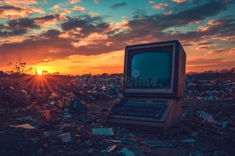 A Vintage Computer Sits Alone Amidst a Wasteland of Discarded Items ...