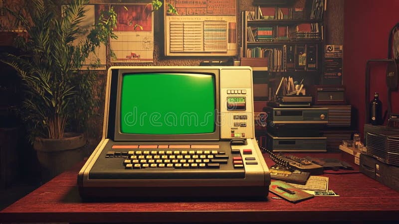 Vintage Computer Workstation Featuring a Green Screen in a Cozy Office ...