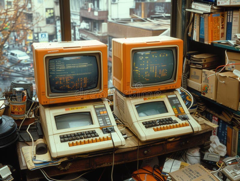 Vintage Computers with Orange Monitors in a Cluttered Room Stock Image ...