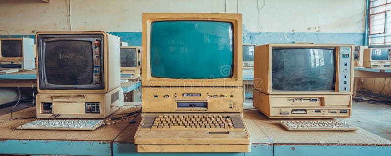 Vintage Computers a Row of Forgotten Technology in a Dusty Room Stock ...