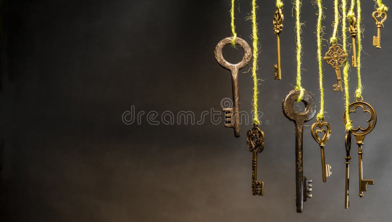 Vintage Conceptual Banner with Old Keys Hanging on Room Template Banner ...