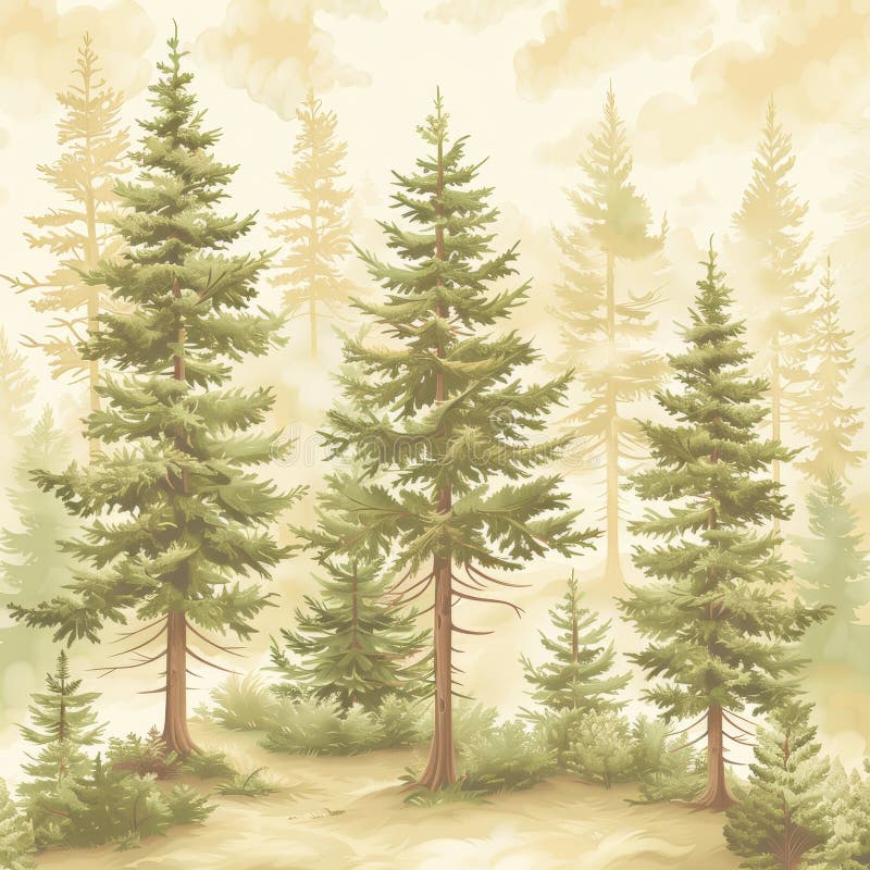 Vintage Coniferous Forest Pattern with Tall Trees and Soft Lighting in ...