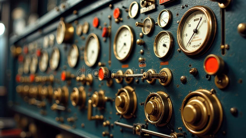 Vintage Control Panel with Gauges and Levers in Industrial Setting ...
