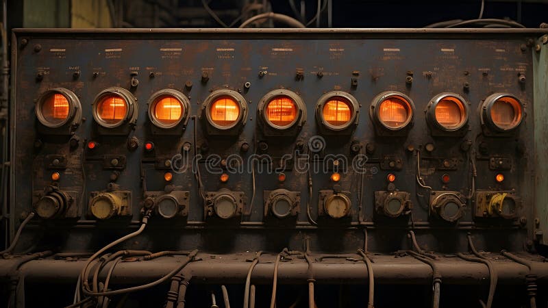 Vintage Control Panel with Glowing Dials and Wires, Located in an ...