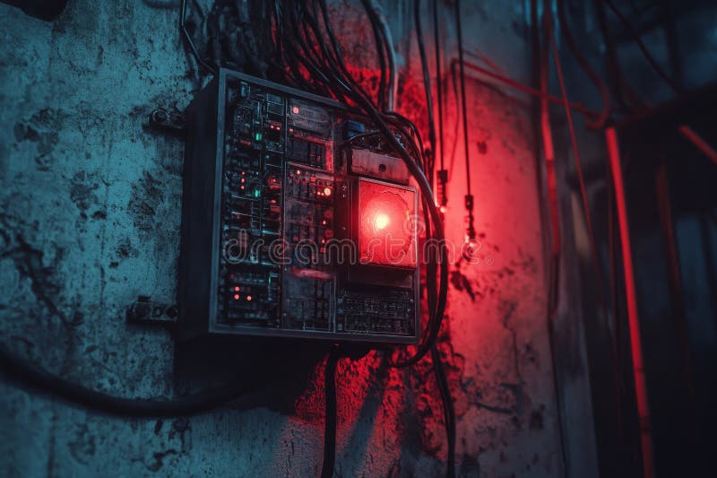 A Vintage Control Panel Glows in Dim Red Light. Wires Hang Around ...