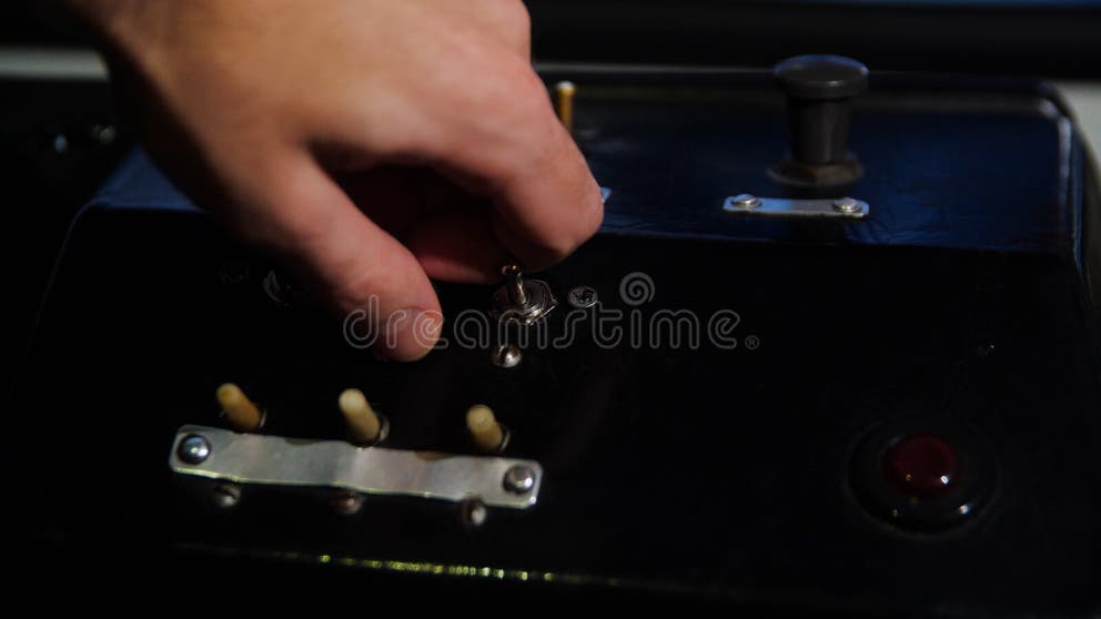 Vintage Control Panel with Levers. Media. Close-up of Man Pressing ...