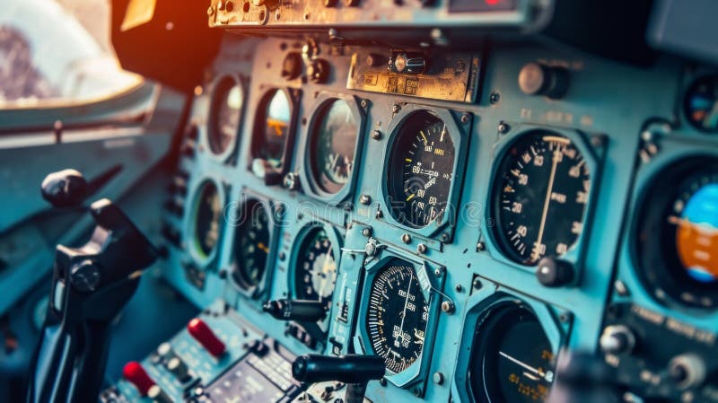 Vintage Control Panel in Plane Cockpit. Analogue Control Devices Stock ...