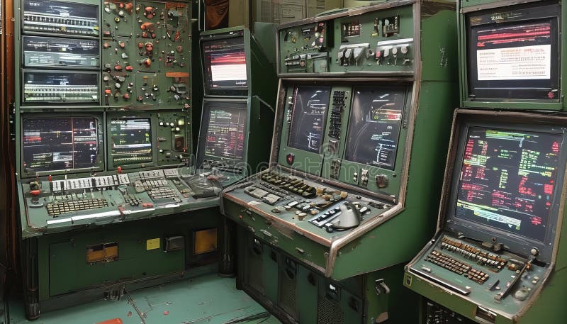 Vintage Control Room with Outdated Technology and Multiple Monitors ...