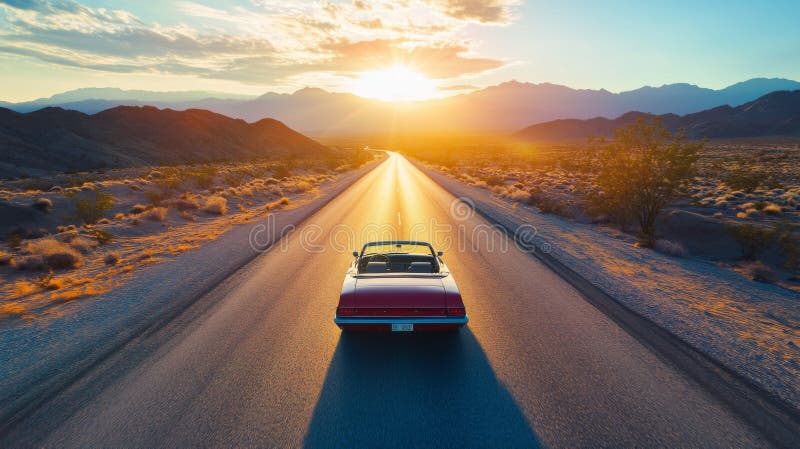 Vintage Convertible Driving on a Desert Highway at Sunset Stock ...