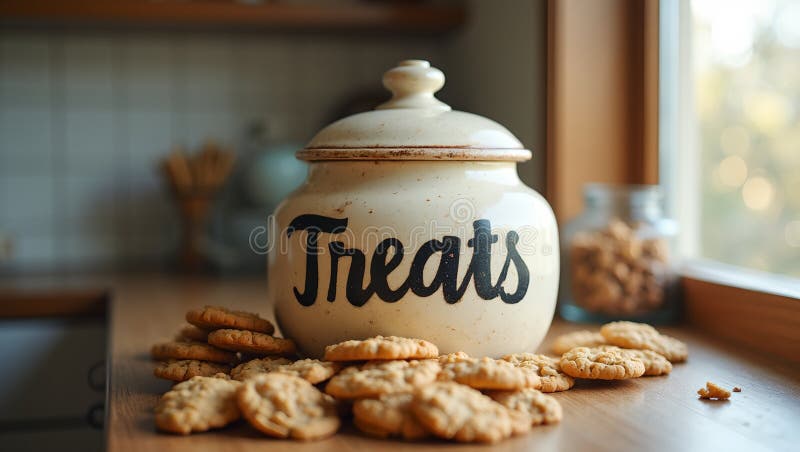 Vintage Cookie Jar on Countertop Overflowing with Cookies Stock ...