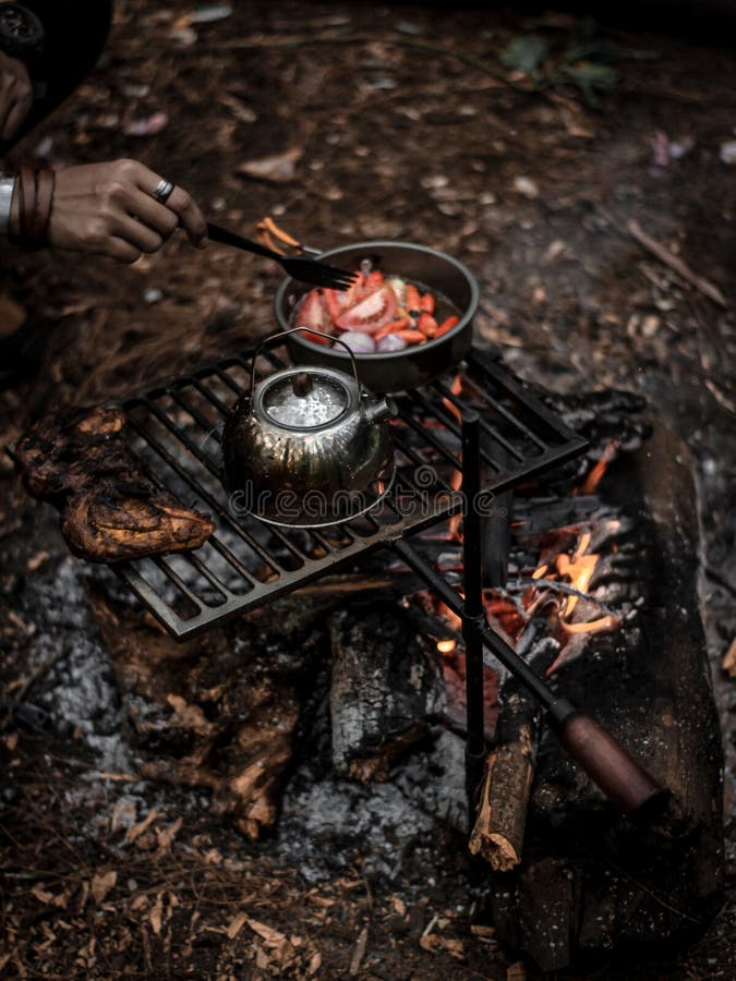 Vintage Cooking Bushcraft Style in the Forest Stock Image - Image of ...