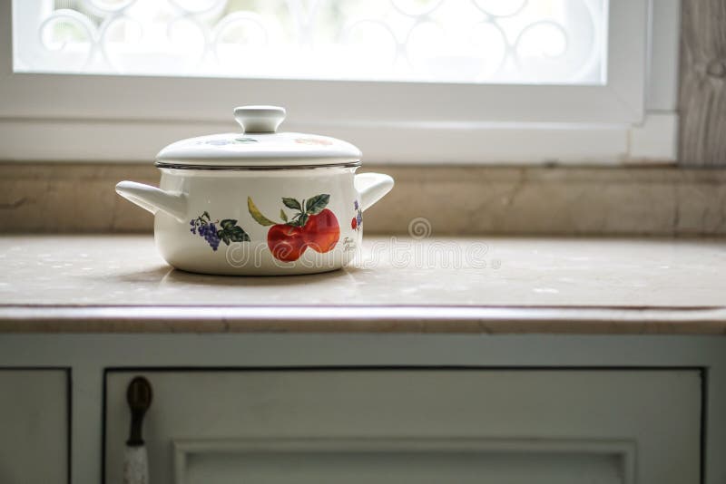 Vintage Cooking Pot on the Kitchen Table Stock Photo - Image of cook ...