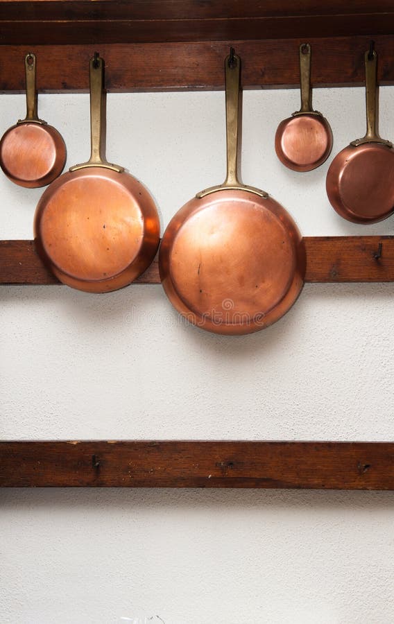 Vintage Copper Pans Hung on Wooden Shelf Stock Image - Image of rack ...