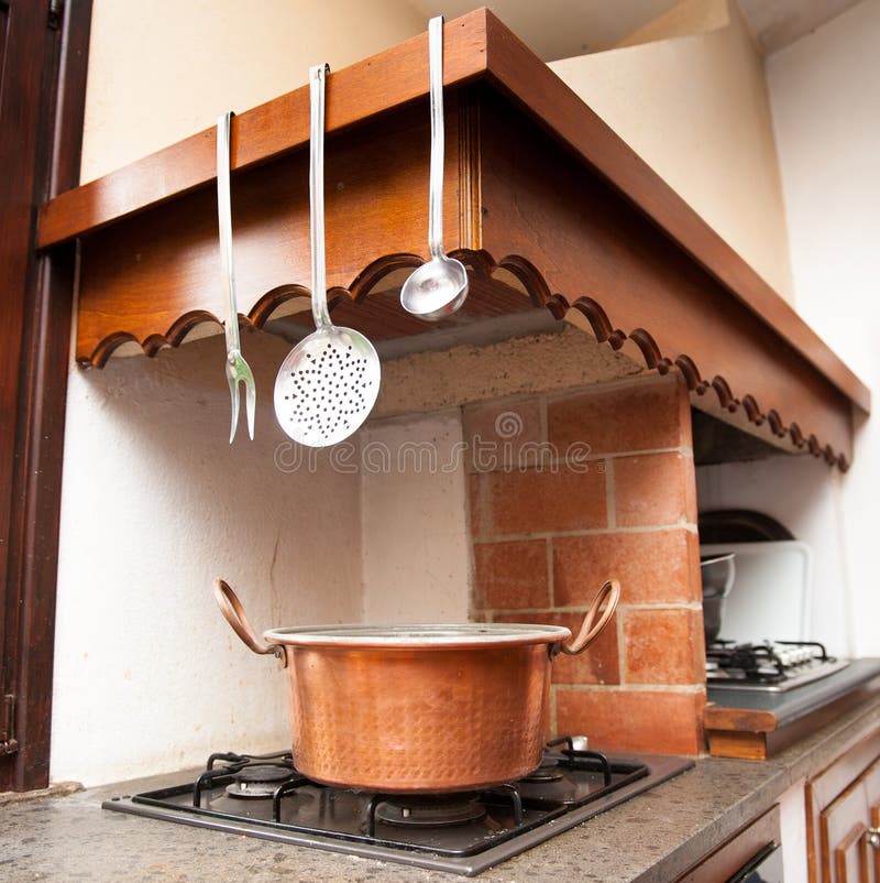Vintage Copper Pot on Burner in Kitchen Stock Image - Image of steel ...