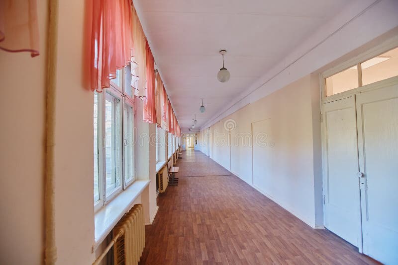 Vintage Corridor Inside the School Building. with Cast Iron Batteries ...