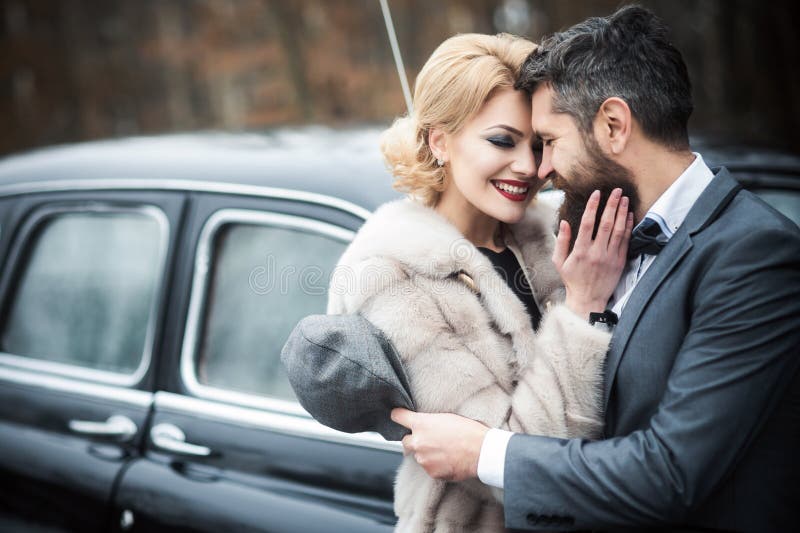 Vintage Couple at the Black Retro Car. Stock Image - Image of fashion ...